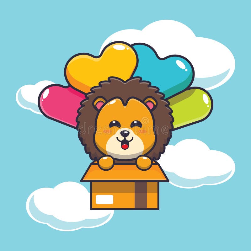 Cute Lion Mascot Cartoon Character Fly with Balloon. Stock Vector ...