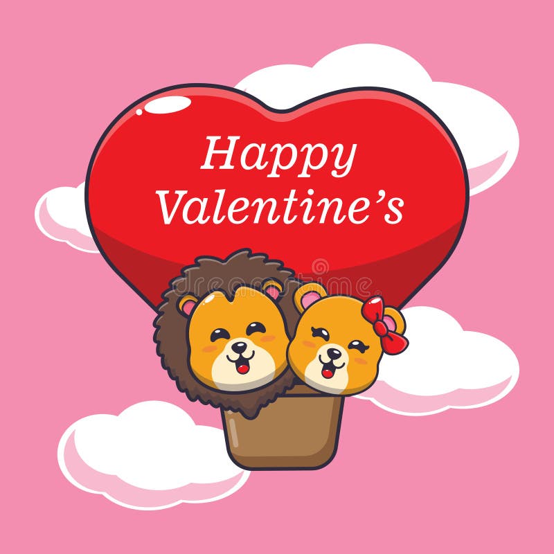 Cute Lion Cartoon Character Fly with Air Balloon in Valentine S Day ...
