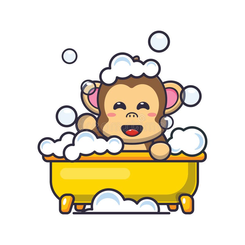 Cute Monkey Taking Bubble Bath in Bathtub Cartoon Vector Illustration ...