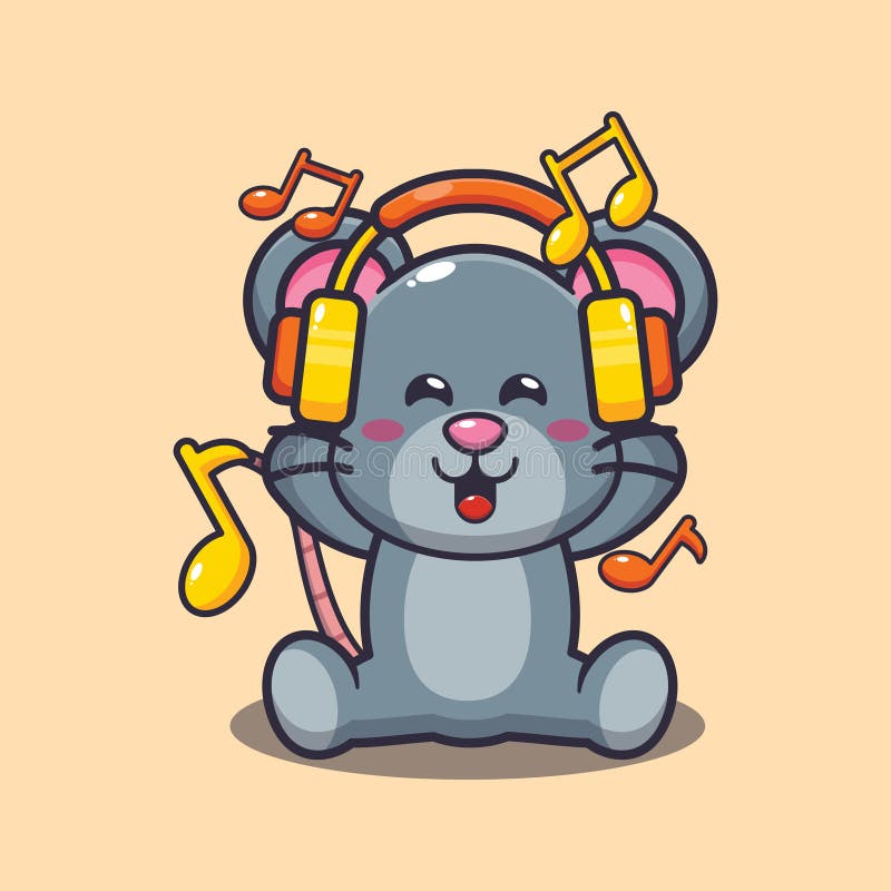 Cute Mouse Listening Music with Headphone Cartoon Vector Illustration ...