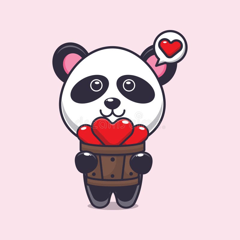 Cute Panda Cartoon Character Holding Love In Wood Bucket Stock Vector