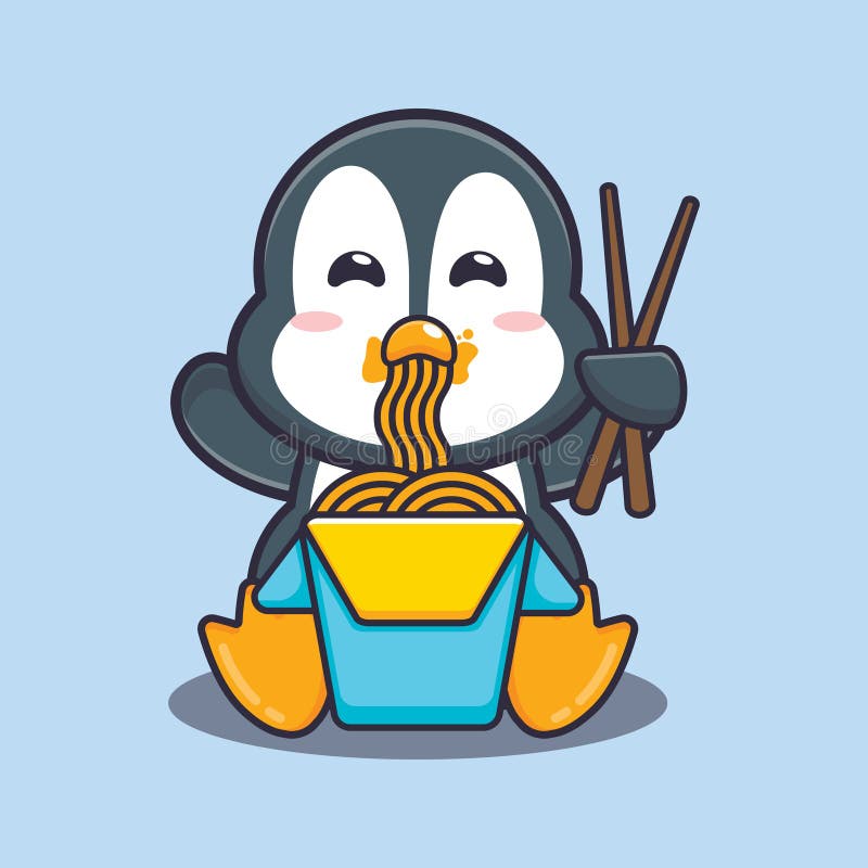 Cute Penguin Eating Noodle Cartoon Vector Illustration. Stock Vector ...