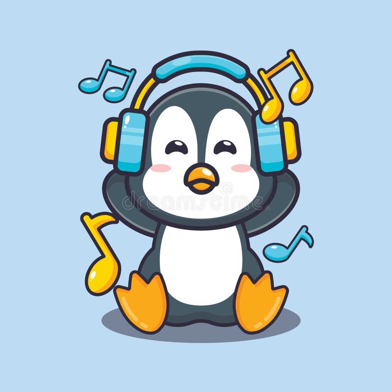 Cute Penguin Listening Music with Headphone Cartoon Vector Illustration ...