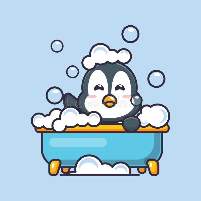Cute Penguin Taking Bubble Bath in Bathtub Cartoon Vector Illustration ...