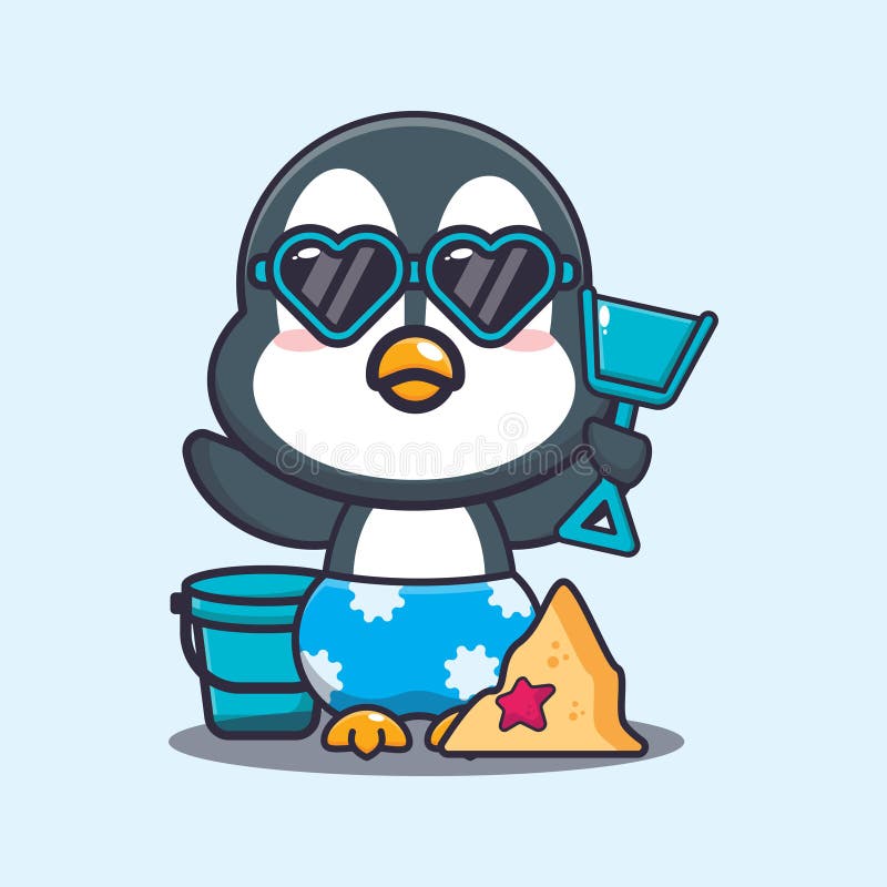 Cute Penguin in Sunglasses Play Sand Beach Cartoon Illustration. Stock ...
