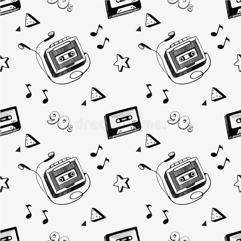 Cool 90s Vibe Music Pattern with Tapes, Stars, Vintage Player, Retro ...