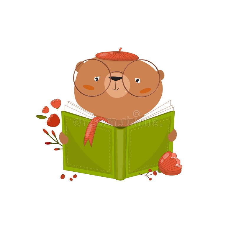 Print. Vector Cartoon Bear Reading. Bear is Learning. Cute Bear with ...