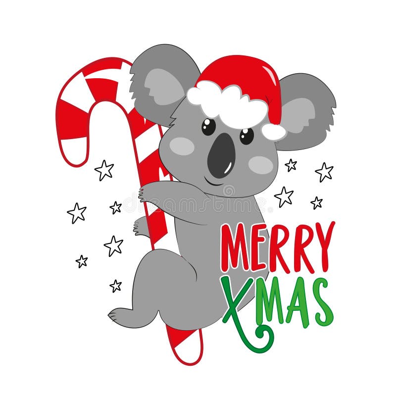 Merry Xmas - Cute Koala Bear in Santa Hat with Candy Cane Stock Vector ...