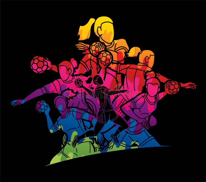Group of Handball Players Female Mix Action Cartoon Sport Team Graphic ...