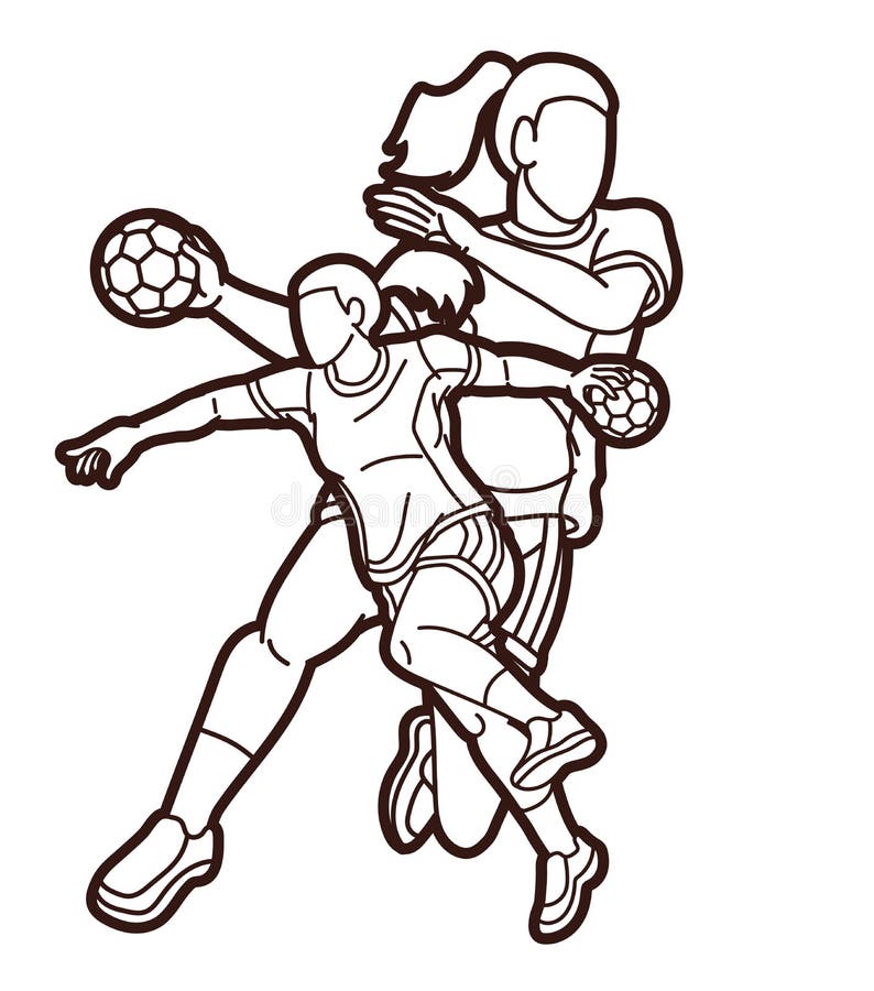 Group of Handball Players Female Mix Action Cartoon Sport Team Graphic ...