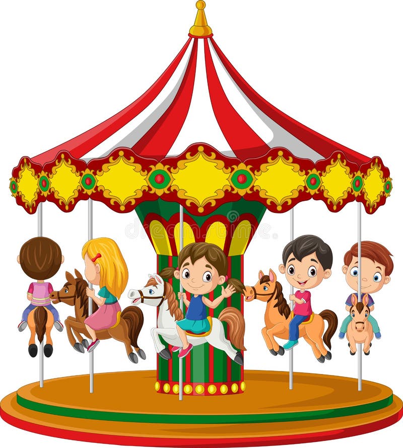 Cartoon Little Children on the Carousel with Horses Stock Vector ...