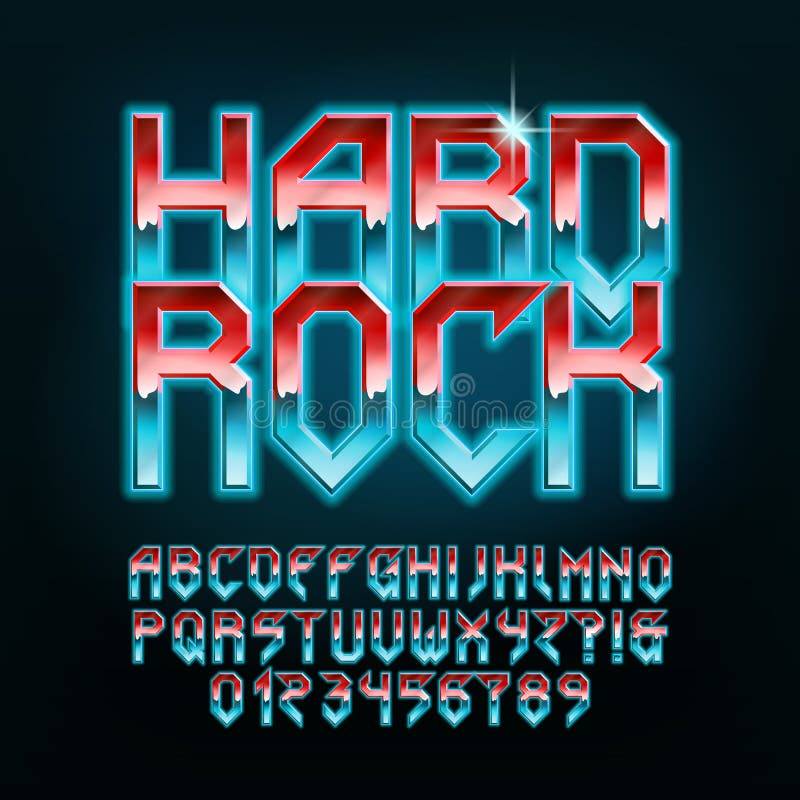 Hard Rock Alphabet Font. Glowing Letters, Numbers and Punctuations in ...
