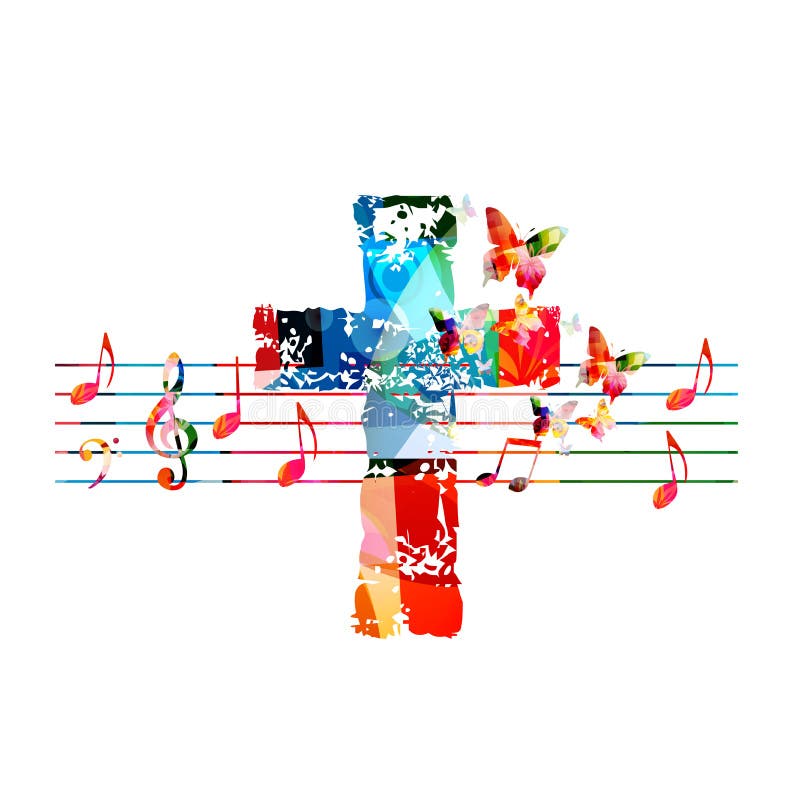 Colorful Vibrant Christian Cross with Musical Notes Stave Isolated ...