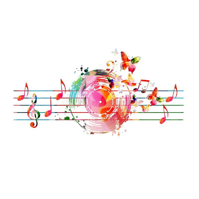 Colorful LP Vinyl Record Disc with Musical Notes Stave and Butterflies ...