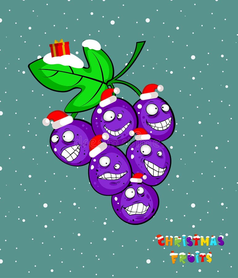 Christmas Fruits with Grape in Santa Hat. Illustration Fanny Fruits ...