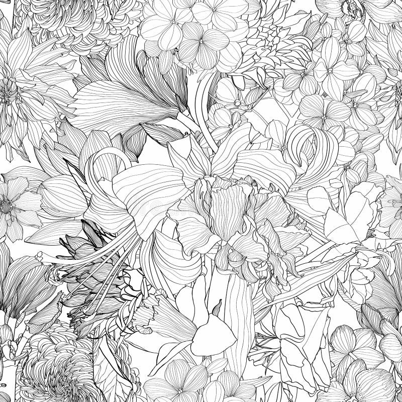Seamless Line Floral Pattern with Magnolia Flowers. Line Art ...