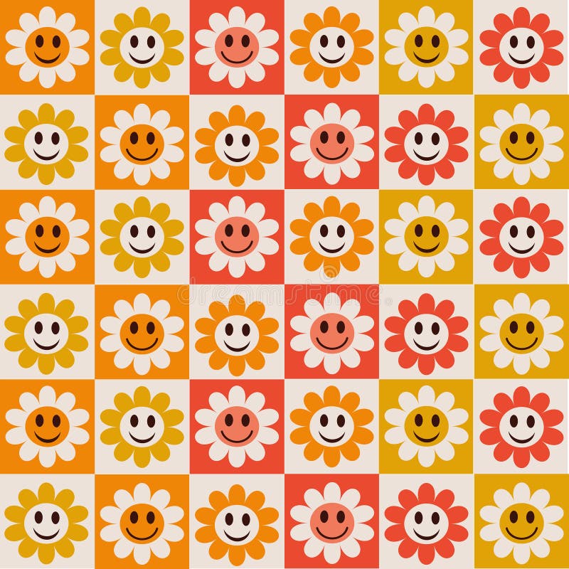 Colorful Checkered Happy Smiley Flowers Seamless Pattern on Orange, Yellow , Red and White ...