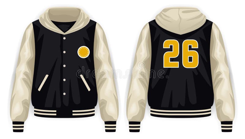 Black, Yellow and Beige Varsity Jacket with Hoodie Front and Back View ...