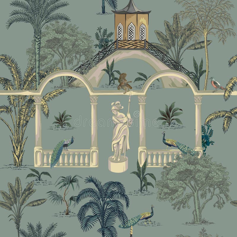 Tropical Park Ink Drawn Palm Trees, Pagoda, Peacock, Arch Summer Floral ...
