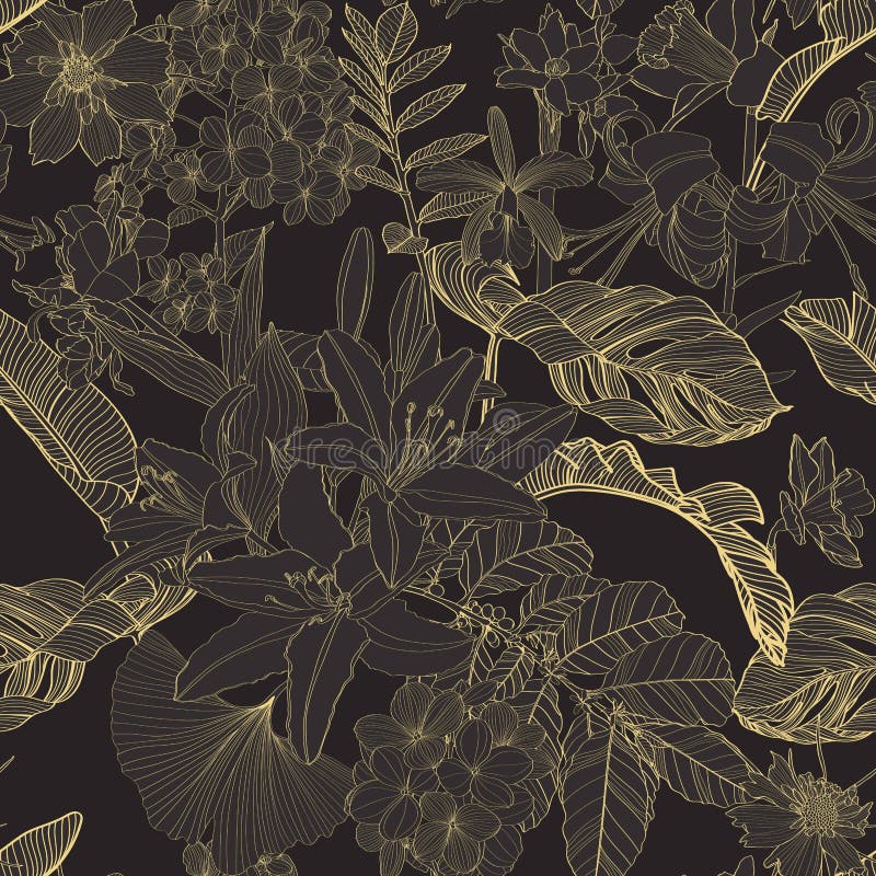 Tropical Exotic Floral Line Palm Leaves and Exotic Flowers Seamless ...