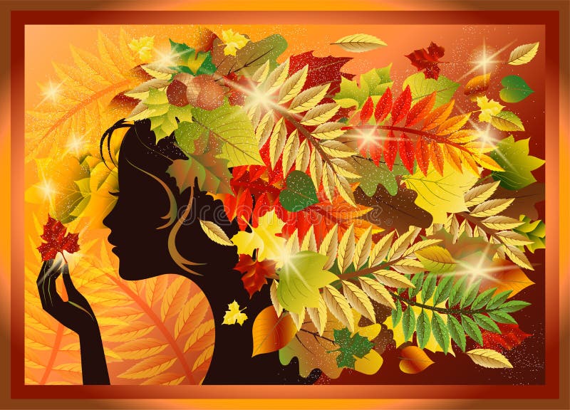 Autumn Time Greeting Card with Young Girl and Leaves , Vector Stock ...