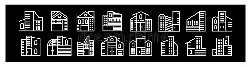 Set Architecture Buildings Icons for Design on Black Background. Stock ...