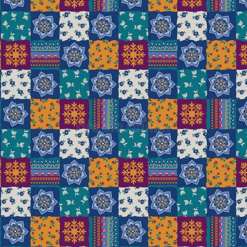 Vector Abstract Seamless Patchwork Pattern with Colorful Geometric and Floral Ornaments Stock ...
