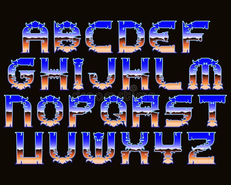 Chrome Decorative Font.Custom Alphabet on Black Background. Stock ...