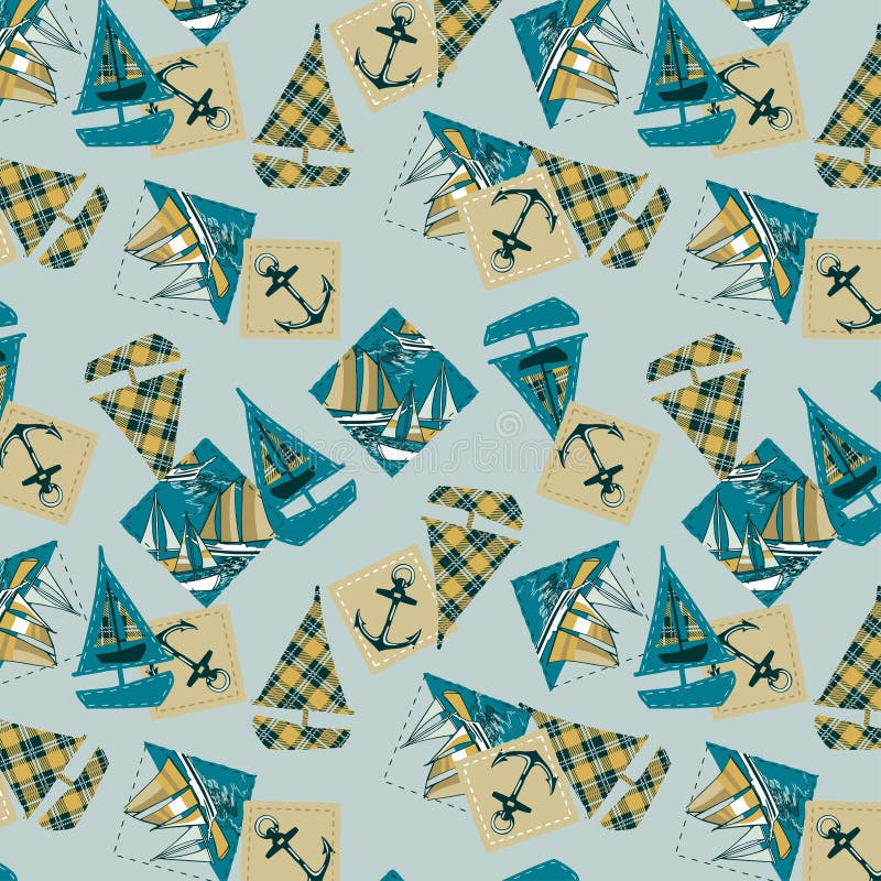 Nautical Marine Sailing Elements Patchwork Vintage Vector Seamless Pattern Stock Vector ...