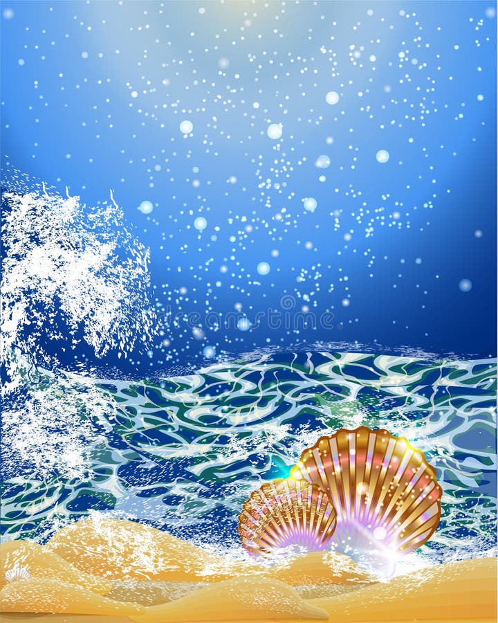 Summer Card with Sea Shell and Ocean Wave, Vector Stock Vector ...