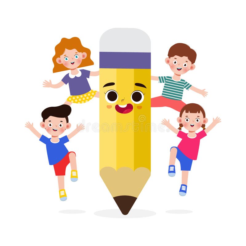 Children Posing with Pencil Character, Back To School, Cartoon Children ...