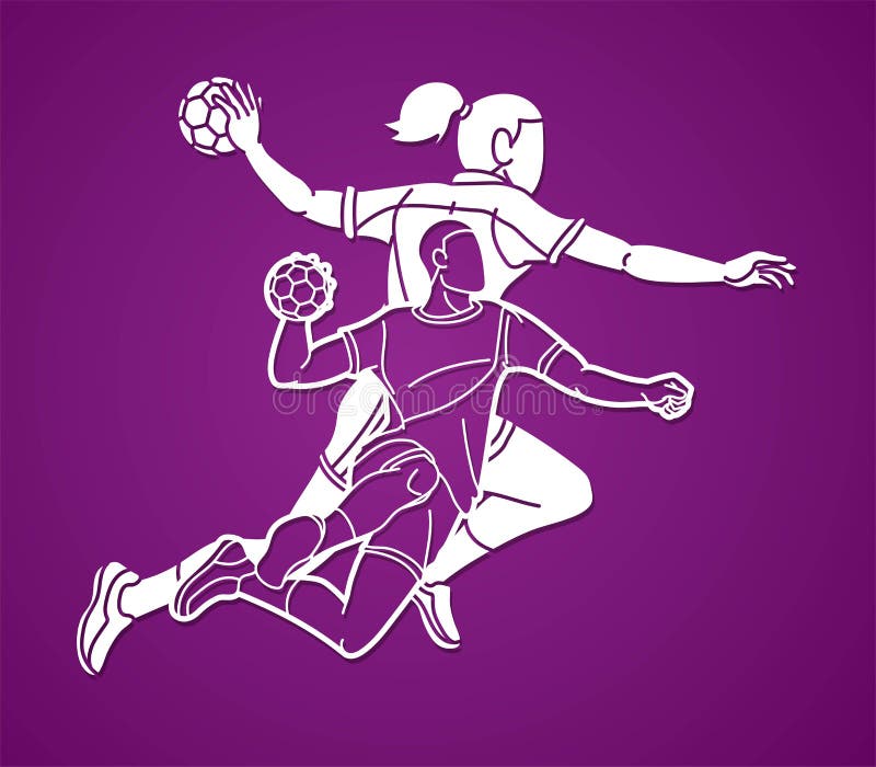 Handball Sport Male and Female Players Team Mix Action Cartoon Graphic ...