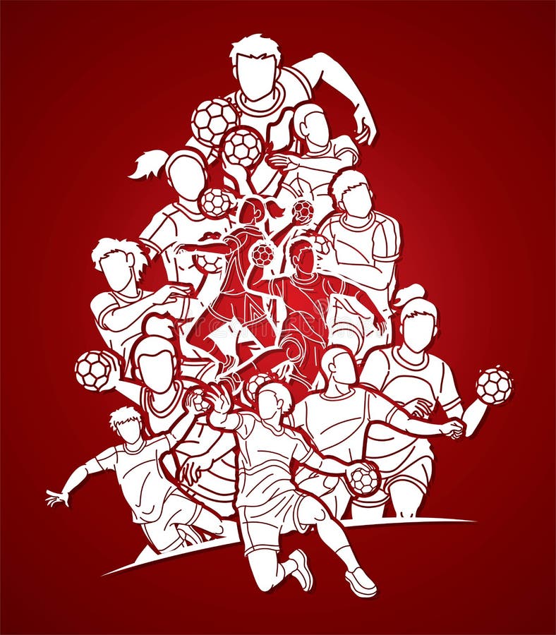 Handball Sport Male and Female Players Team Mix Action Cartoon Graphic ...