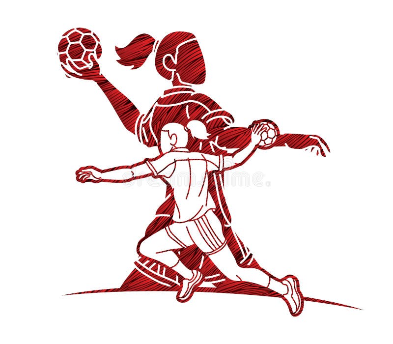 Handball Sport Female Players Mix Action Cartoon Graphic Vector Stock ...