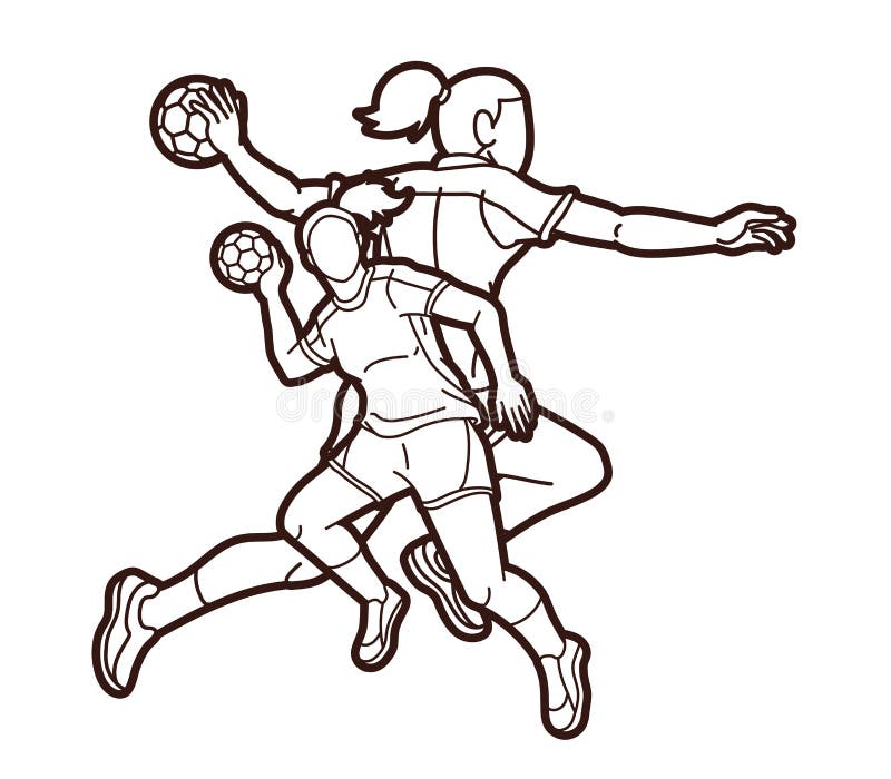 Handball Sport Female Players Mix Action Cartoon Graphic Vector Stock ...