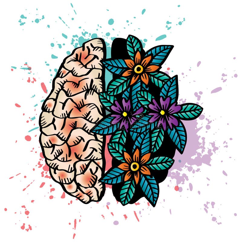 Doodle Human Brain with Floral Decoration Stock Vector - Illustration ...