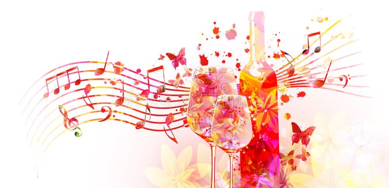 Elegant Wine Glass and Bottle with Flowers and Musical Notes. Floral ...