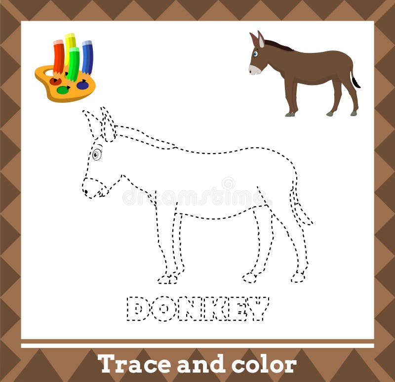 Trace and Color for Kids, Donkey Vector Kids Activity Page Stock Vector ...