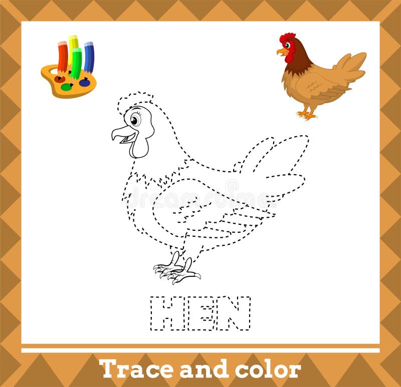Trace and Color for Kids, Hen Vector Kids Activity Page Stock Vector ...