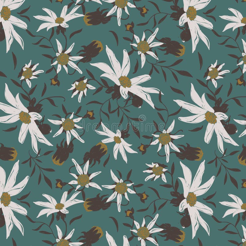 Vector Repeat Pattern with Romantic Chamomile Flowers on Green Background. Stock Vector ...