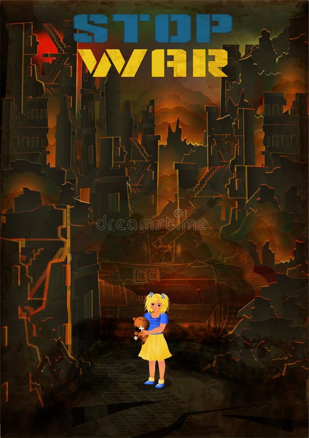 Stop War Card, Tank and Ukrainian Liitle Girl in Ruined City, Stock ...
