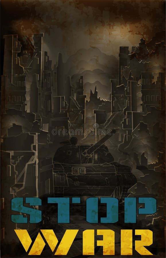 Stop War Postcard, Tank and Ruined City. Vector Stock Vector ...