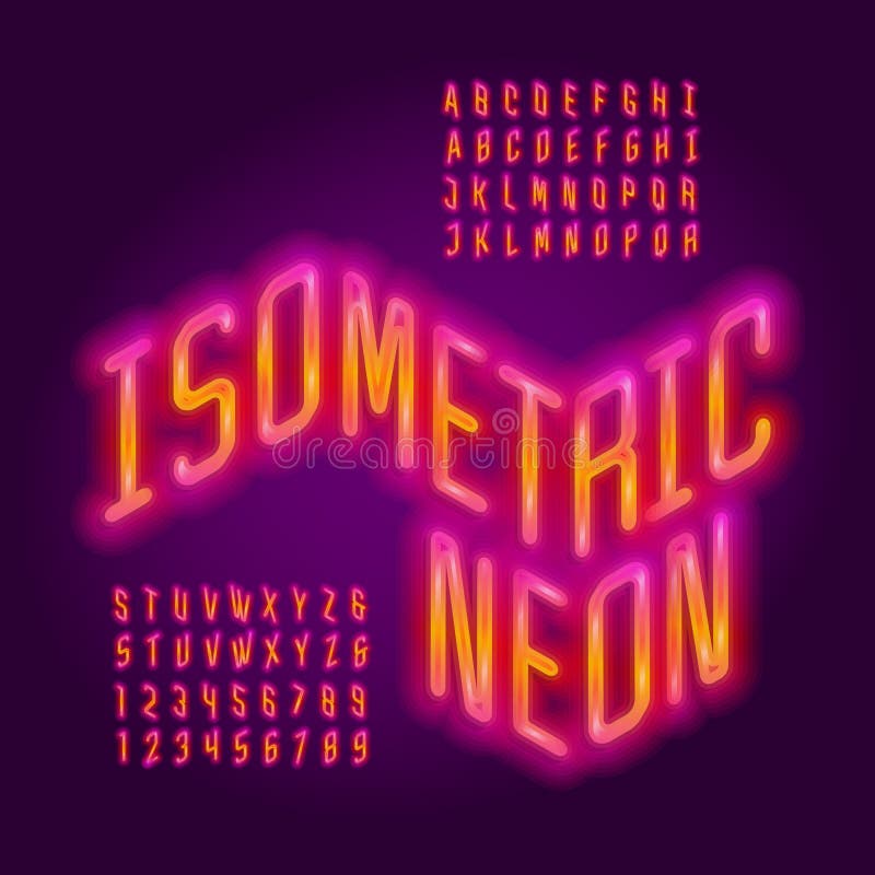 Isometric Neon Alphabet Font. Two Neon Colors Letters and Numbers Stock ...