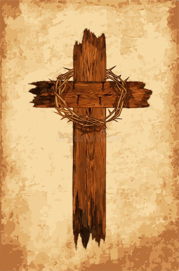 Old Wooden Cross with Crown of Thorns, Stock Vector - Illustration of ...