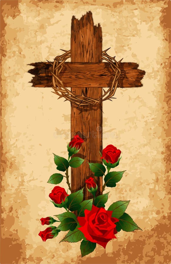 Christianity Wooden Cross with Crown of Thorns and Flowers Rose, Stock ...