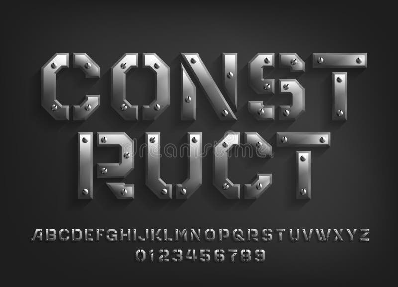 Construct Alphabet Font. Metal Letters and Numbers with Screws Stock ...