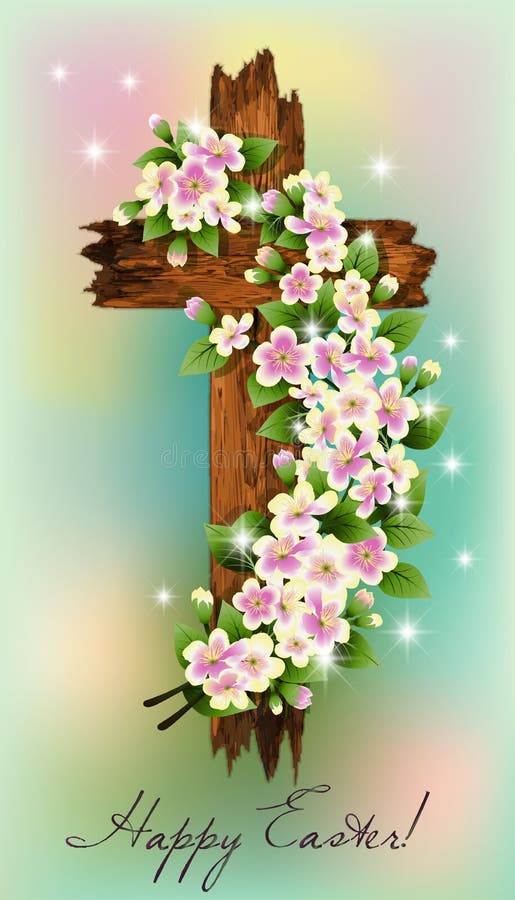 Happy Easter Card. Christian Old Wooden Cross with Cherry Blossoms ...