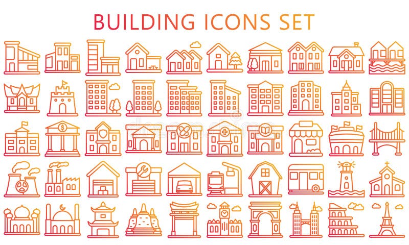 Building and Landmark Gradient Outline Icons Set Stock Illustration ...