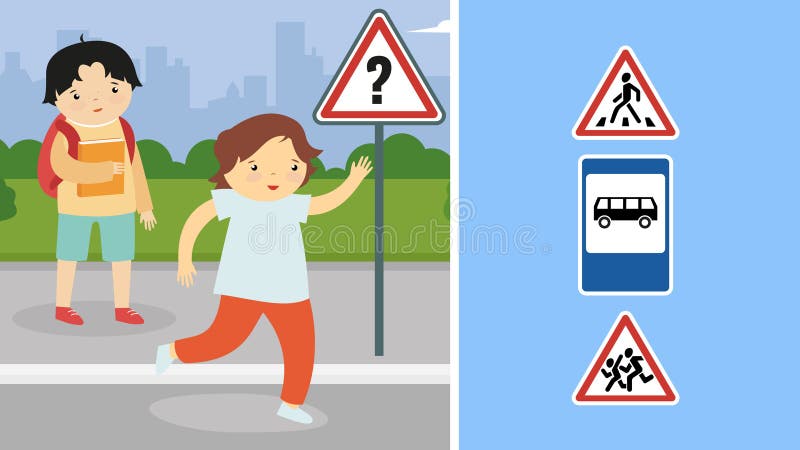 Boy and a Girl Crossing the Road with Traffic Signs Stock Illustration ...