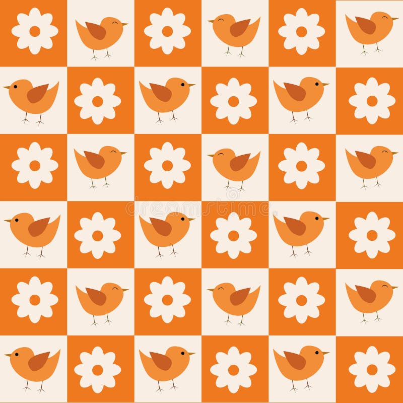 Checkered Cute Birds and Flowers on Orange and White Squares Seamless ...